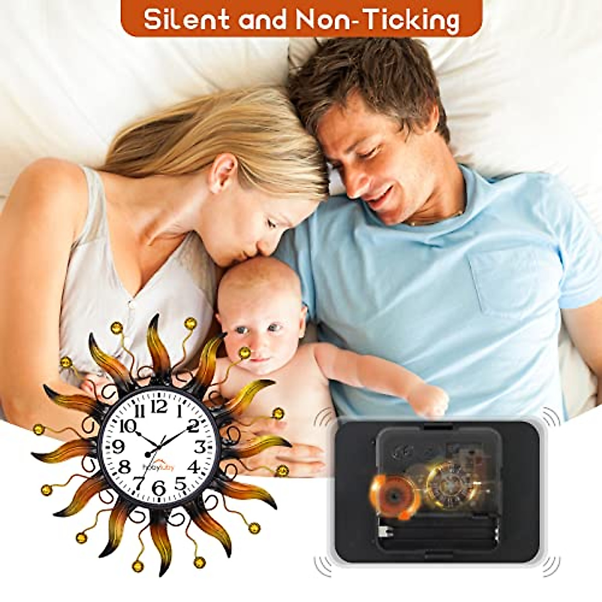 HOBYLUBY 13'' Sun Outdoor Clock, Metal Outdoor Wall Clock Silent Non-Ticking for Patio, Kitchen, Living Room