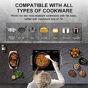 Ghjcvkp Portable Ceramic Cooktop, 1800W Electric Single Hot Plate for Cooking with 18 Power Levels, Infrared Countertop Burner with Sensor Touch, 4-hour Timer, Adjustable Knob
