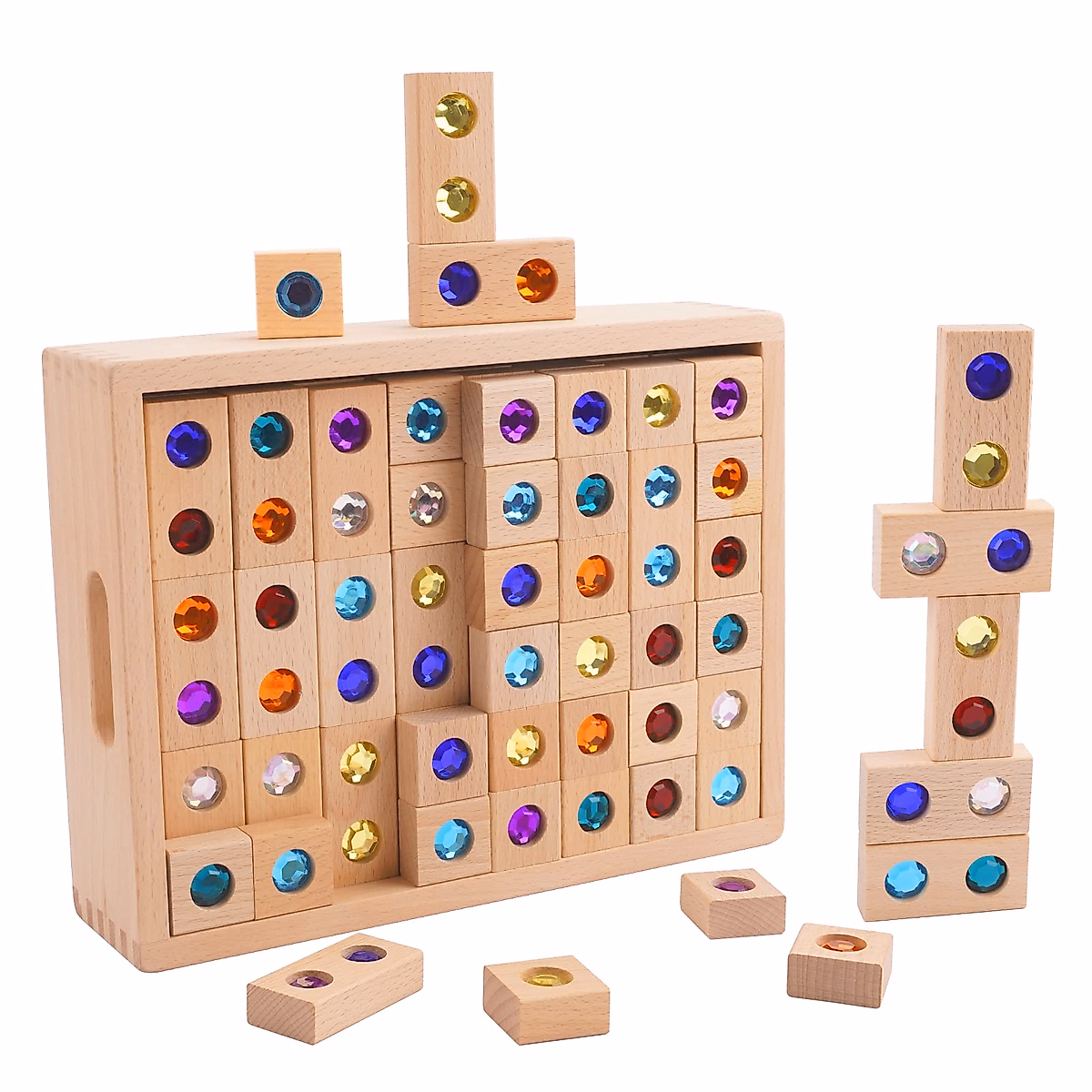 Wooden Building Blocks Set Rainbow Stacking Game Rainbow Stacker Acrylic Block Construction Toy Montessori Toys Sensory Toys Colorful Preschool Learning Educational Learning Toys 128pcs for Boys Girls