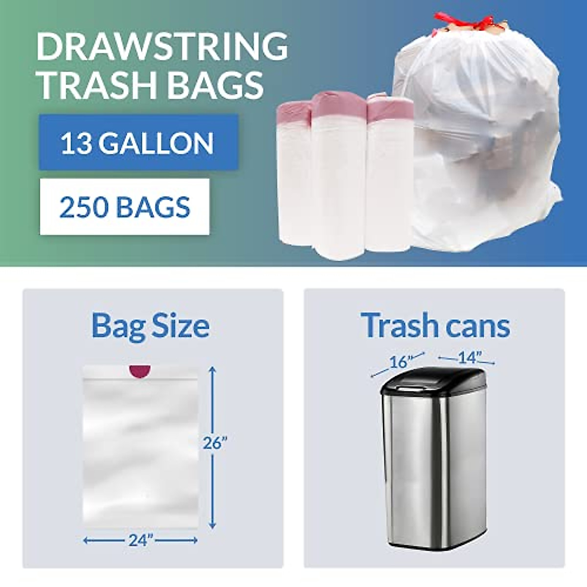Reli. Tall Kitchen Drawstring Trash Bags 13 Gallon | 250 Count Bulk | Kitchen Garbage Bags | White | 13 Gallon - 16 Gallon Capacity