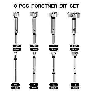 GMTOOLS Forstner Bit Set, 8PCS Forstner Drill Bits for Wood, Carbide Forstner Bit for Woodworking, Auger Opener Round Shank Drilling Cutting Tool for Hardwood, Softwood, Plastic, Plywood