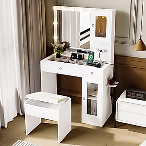 Ksuefao Vanity Desk with LED Lighted Mirror & Charging Station, Makeup Vanities Table with 2 Drawers for Bedroom, Storage Bench Included, White