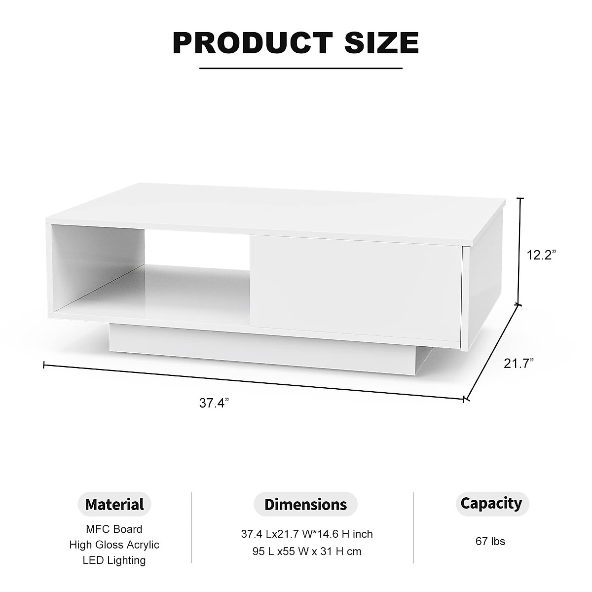 IKIFLY Modern LED Coffee Table with A Drawer, White High Glossy Coffee Table with 16 Colors LED Lights for Living Room