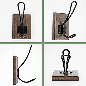 OLBET Farmhouse Towel Hooks for Bathroom Wall Mounted - Rustic Wall Hooks for Hanging Coats - 2 Pack - Retro Iron Wood Hooks - Classical Heavy Duty Hangers for Your House - Walnut Grain