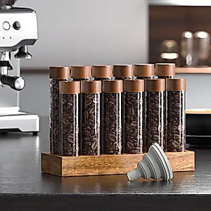 Coffee Bean Cellars with Stand & Hopper, Single Dose Coffee Bean Storage, 12 Pcs Espresso Bean Container with Wooden Holder, Dosing Glass Vials with Lids and Funnel for Tea, Coffee, Spices