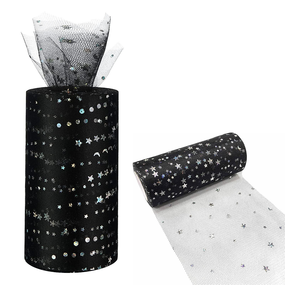 Glitter Tulle Fabric Rolls, 6” by 50 Yards (150FT) Sparkling Tulle Spool Ribbon Sequin Tulle Netting Fabric for Tutu Skirt Wedding Birthday Baby Shower Bows Party Decoration (Black)