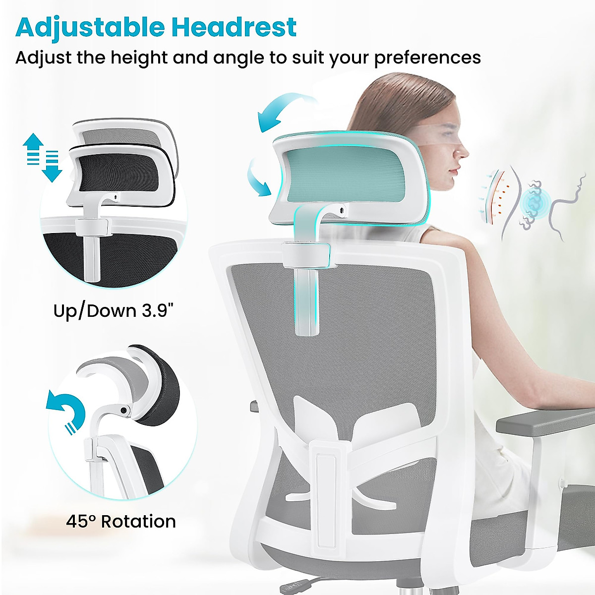 Brick Attic Office Chair Ergonomic Desk Chair High Back Computer Chair Swivel Mesh Task Chair with Adjustable Lumbar Support Armrests Headrest White