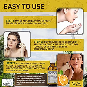 Medix Vitamin C Facial Serum Skin Care Booster For Age Spots, Wrinkles, & Fine Lines. Anti Aging Face Serum W/Glycolic Acid & Hyaluronic Acid Brightens Skin For Healthier Skin Complexion, 1.75 Fl Oz