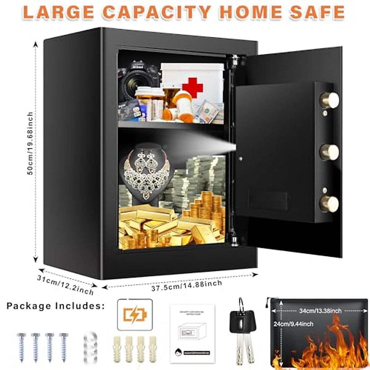 2.4 Cubic Large Fireproof Safe Box with Fireproof Document Bag, Personal Security Home Safe with Removable Shelf, Anti-Theft Lock Box for Documents Money Jewelry Valuables