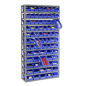 Global Industrial 13 Shelf Steel Shelving with (81) 4" H Plastic Shelf Bins, Blue, 36x12x72