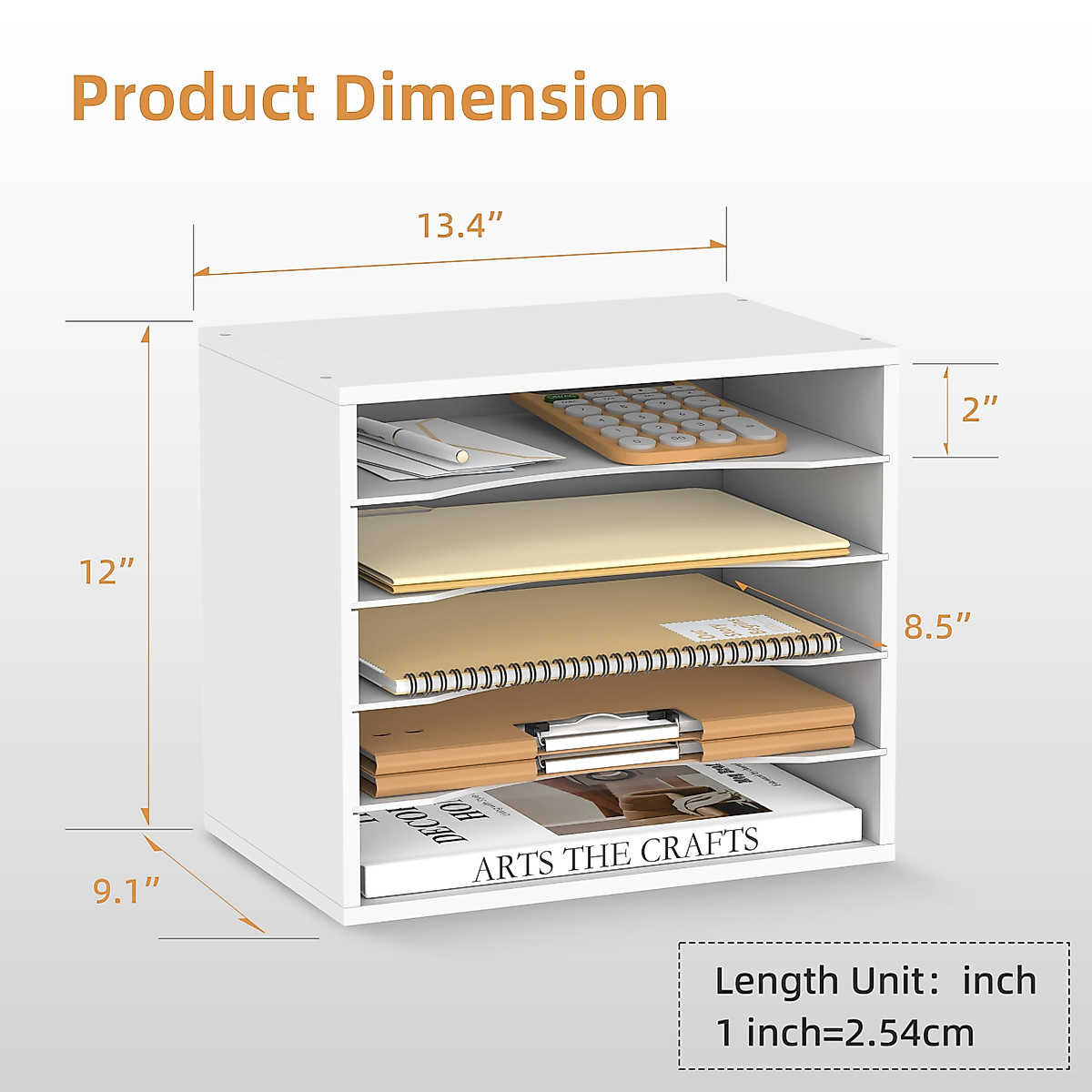 SHARKWOODS 5-Tier Paper Organizer for Desk, Wood Desktop Organizer with Adjustable Letter Tray, Mail Sorter for Office School & Home, White