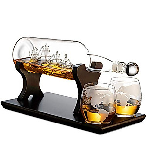 Godinger Ship In A Bottle Whiskey Decanter and Whiskey Glasses Bar Set, for Liquor Scotch Bourbon, Gifts for Men