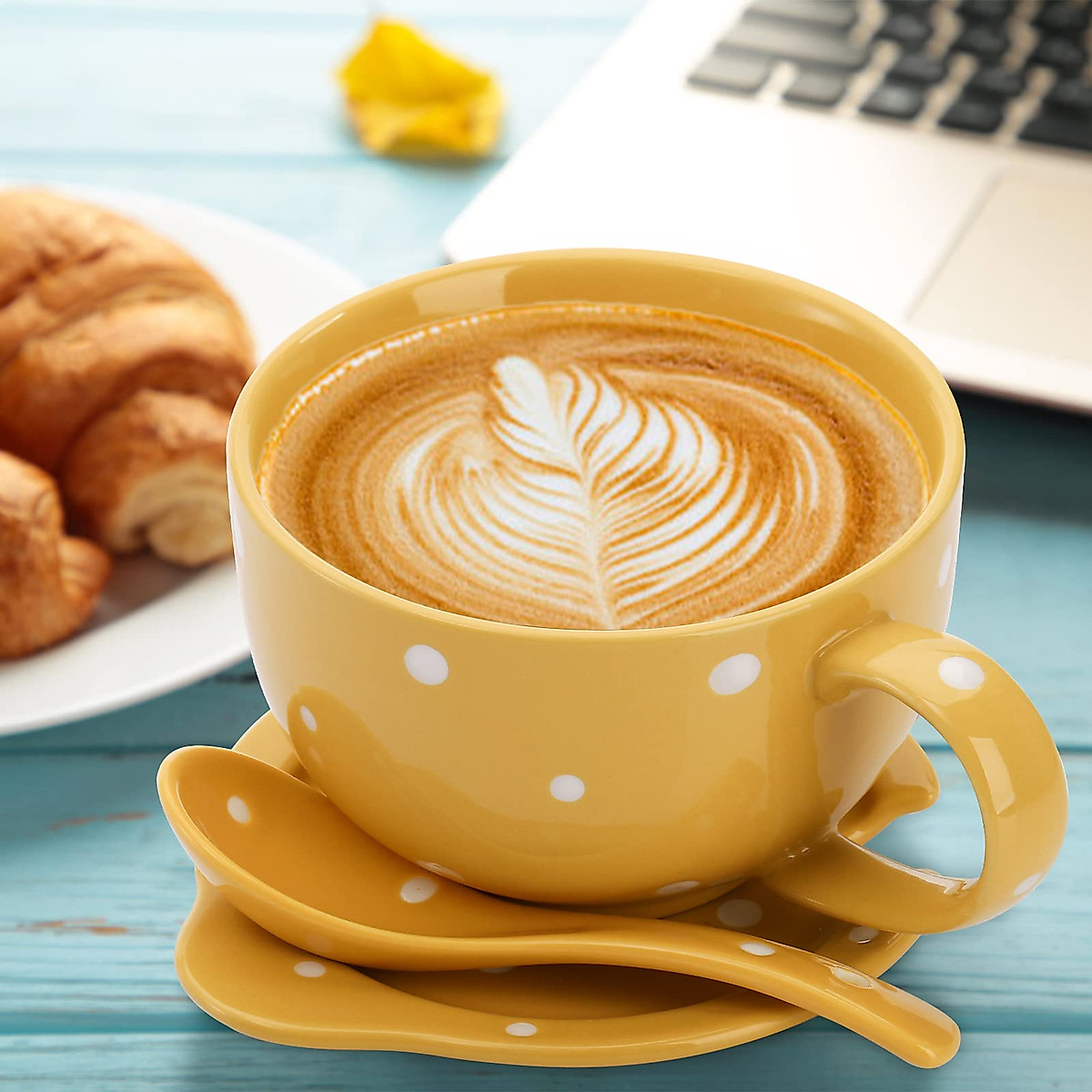 Youeon Set of 2 Jumbo Coffee and Soup Mug Set, 16 Oz Porcelain Oatmeal Mug with Lid and Spoon, Large Cereal Mugs, Multi Purpose Wide Mug for Breakfast, Cereal, Milk, Coffee, Hot Cocoa, Fruit