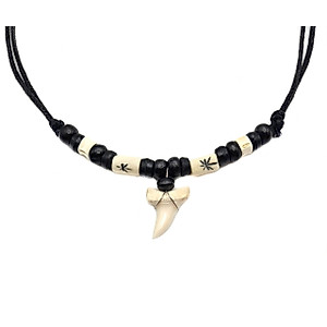 Swimmi Genuine Shark Tooth Necklace for Men, Mako Shark Tooth Necklace, Handmade Wooden Beads Cords Surfer Shark Tooth Necklace for Women Jewelry GA384