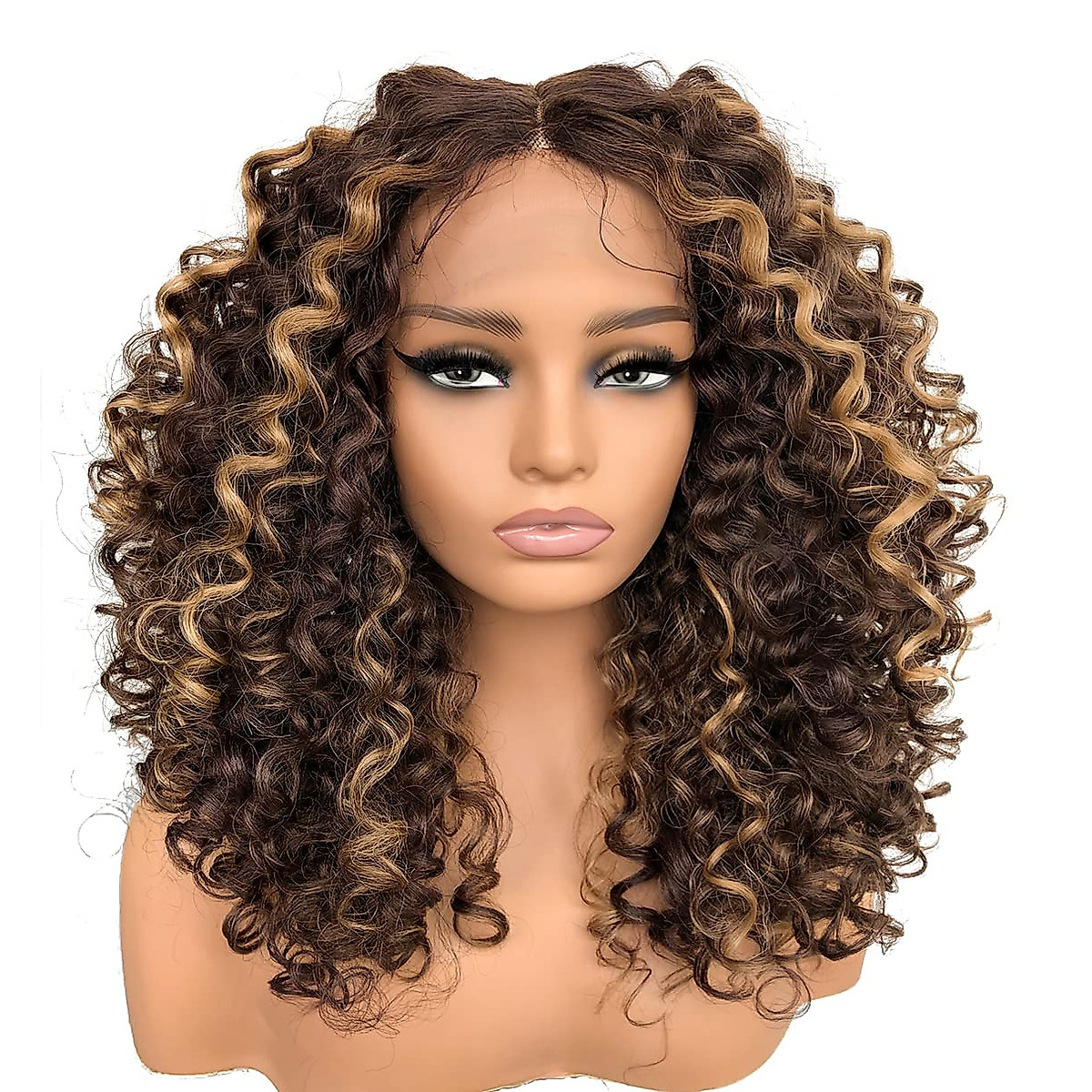 MITIMTES 16inch P4/27 Omber Honey Blonde Highlight HD Glueless Curly Lace Front Wig Pre Plucked with Babyhair Human Hair Blend Synthetic Short Curly Frontal Wig for Black Women
