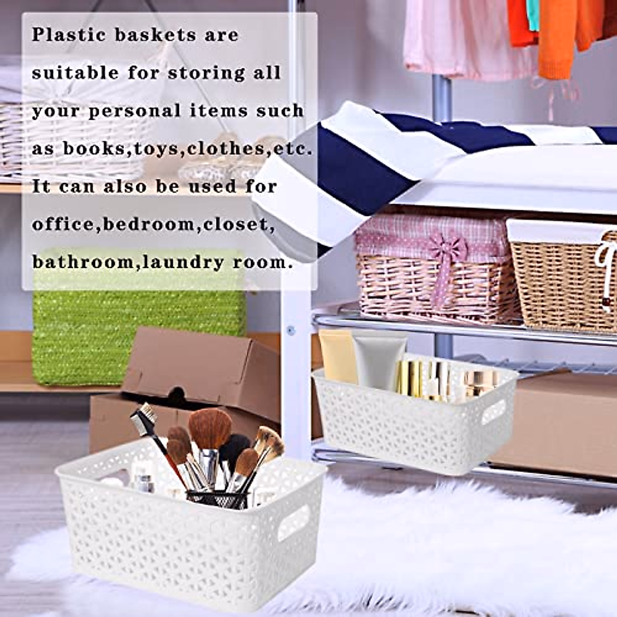 2 Pack Plastic Basket,White Plastic Storage Basket,Pantry Storage Bins,Mini Laundry Basket,Small Plastic Storage Bins for Kitchen,Bathroom Organizing