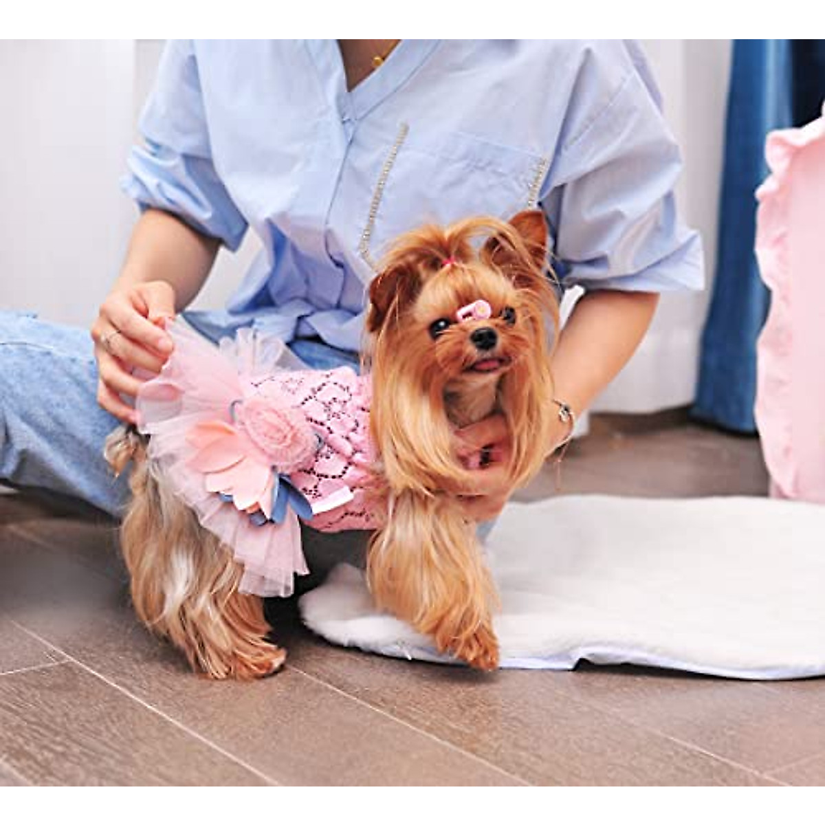 MSNFOASM 2Pack Dog Sweetie Flower Mesh Dress,Dog Lace Tutu Skirt Wedding Dress for Small Girl Dogs Cats（Pink&Green M）