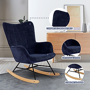 LSSPAID Rocking Chair Nursery Set of 1, Upholstered Glider Rocker with High Backrest Armchair Comfy Accent Glider Chair for Living Room, Bedroom, Nursery Room, Navy Blue