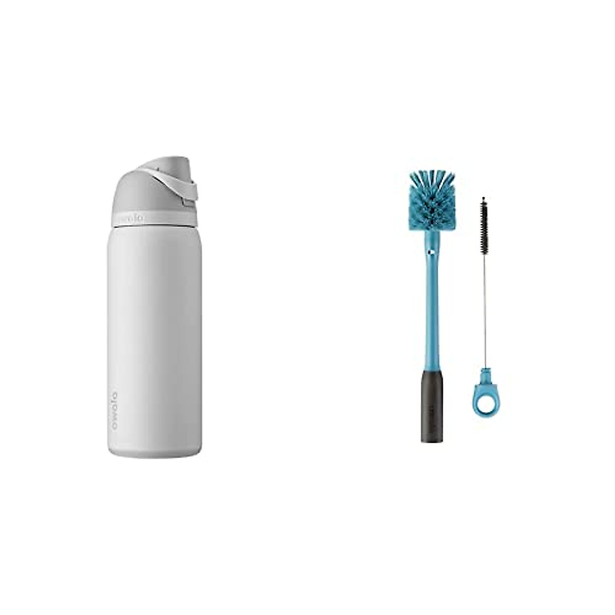 Owala FreeSip Insulated Stainless Steel Water Bottle with Straw for Sports and Travel, BPA-Free, 32-Ounce, Shy Marshmallow & 2-in-1 Water Bottle and Straw Cleaning Brush, Smokey Blue