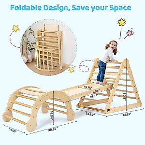 YOLEO Pikler Triangle Set, Foldable 5-in-1 Montessori Climbing Set Fun Baby Pickler-3 Piece Climbing Jungle Gym and Indoor Playground Climbing Toys for Toddlers 1-3 Inside
