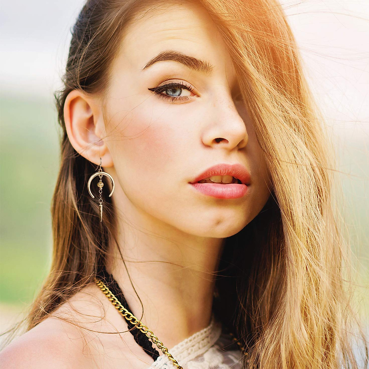 SPUNKYsoul Boho Earrings Crescent Horn and Faceted for Women (Gold)