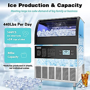 GSEICE Commercial Ice Maker Machine,440lbs/24H with 80lbs Ice Storage Capacity, 24” Air Cooled Freestanding Ice Machine, Automatic Operation Self Clean Ice Cube Maker for Home Office Bar Restaurant