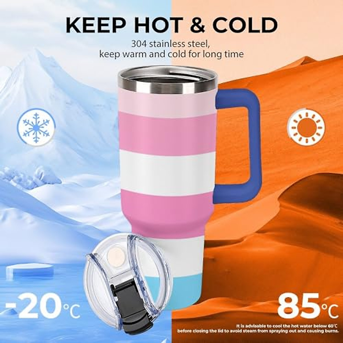 Trans Pride Free Flag Insulated Tumbler with Lid And Straw Stainless Steel Travel Coffee Mug 40oz Deep Blue-style