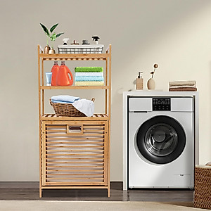 MEIWAIZX Bamboo Laundry Hamper Tilt Out Basket Laundry Hamper 4-Tier Linen Hamper with Removable Clothes Storage Basket, Freestanding Bamboo Laundry Shelf for Laundry Bathroom Bedroom