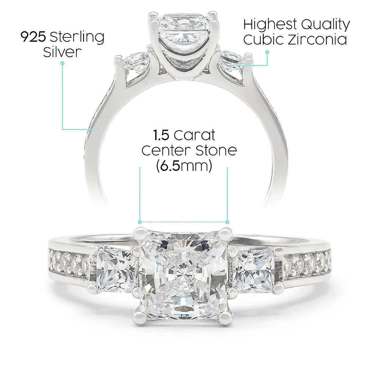 Size 7 - Solid 925 Sterling Silver CZ Cubic Zirconia 3 Three Stone Engagement Ring - Princess Cut Solitaire with Round Side Stones (1.75cttw., 1.5ct. Center) - With Elegant Velvet Ring Box