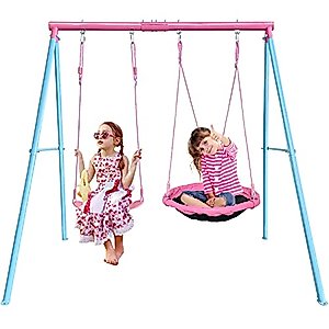 JYGOPLA 440lbs 2 Play Stations Swing Sets for Backyard, 1 Saucer Tree Swing 32 inch, 1 Belt Swings, Heavy Duty Metal Swing Stand with Anchors(Pink+Blue)