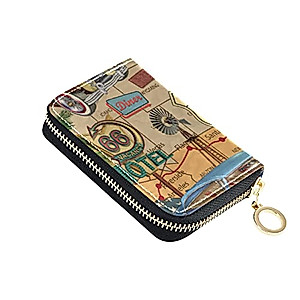 Vintage Route 66 Poster Blue, Yellow, Green Cars Motorcycle USA Flag Grey Credit Card Coin wallet, RFID Blocking Compact Women Leather Card Holder, Key Change Organizer, Zipper Purse Clutch Pouch