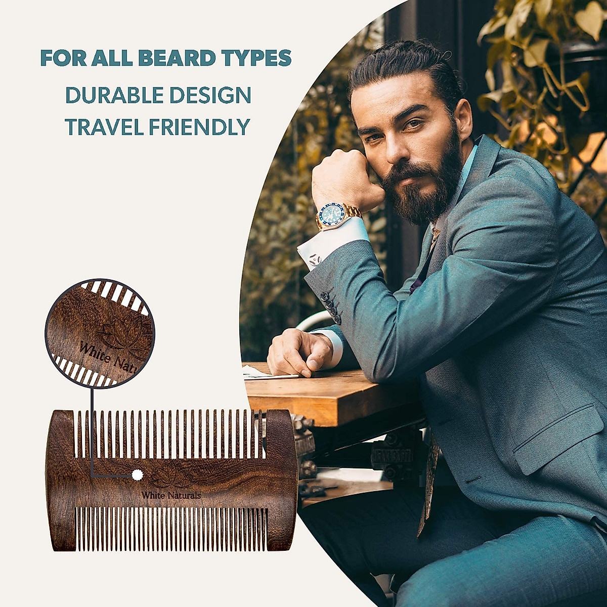 Beard Comb for Men, Wooden Natural Sandalwood, Fine Dual Action Teeth Beard Comb, Handmade Premium Sandal Wood, Fine & Coarse Tooth Perfect for Balms and Oils, Includes PU Leather Case, Pocket Size