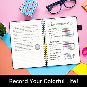 Alltree Lined Journal Notebook, Spiral Notebook for Work, Leather Hardcover Spiral Notebook with Tabs, Pen Loop, Pocket, Stickers, 160 Pages, Journal for Women & Men, Black(6"x8.5")