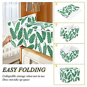 CaTaKu Green Banana Leaves Storage Bins with Lids and Handles, Fabric Large Storage Container Cube Basket with Lid Decorative Storage Boxes for Organizing Clothes