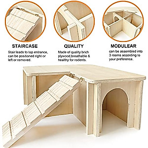Chngeary Guinea Pig Hideout and House: Multi Chamber Wooden Guinea Pig Castle with Ladder, Cage Accessories for Chinchilla Dwarf Rabbits Hamster Bunny and Others