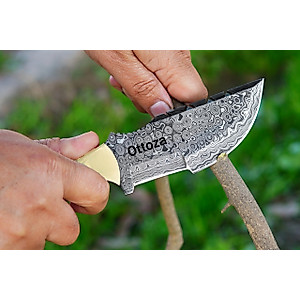 Ottoza Tracker Knife & Bone Handle - Damascus Hunting Knife - Horizontal Carry Knife Sheath 198