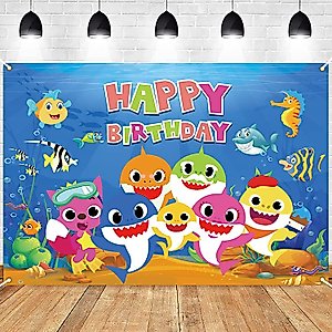 RitzyBiz Baby Shark Backdrop for Birthday Party Supplies (7x5 feet) Blue Cartoon Whale Ocean Photo Background for Baby Shower Decoration Boys Girls Photography Backdrop (Blue)