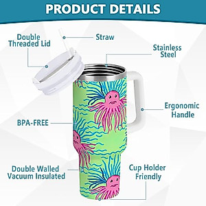 ODAWA 40oz Spill Proof Tumbler with Straw, Cartoon Sea Animals Double Insulated Tumblers with Lid and Straw