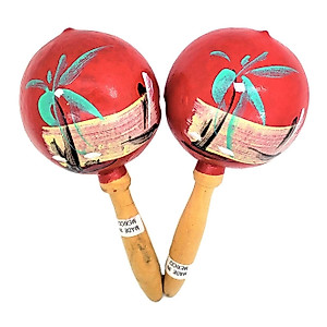 Zugar Land Red - 8" Hand Made Genuine Mexican Real Wooden Maracas (Pack of 2) Fragile Hand Painted. Wood. Noisemaker. Latin Dance Party Fiesta Musical Instrument.