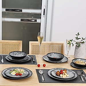 Melamine Dinnerware Set of 12 Pcs-Melamine Plates and Bowls Set for Indoor and Outdoor Use, BPA Free Dishwasher Safe, Lightweight Unbreakable（Glazed Grey）