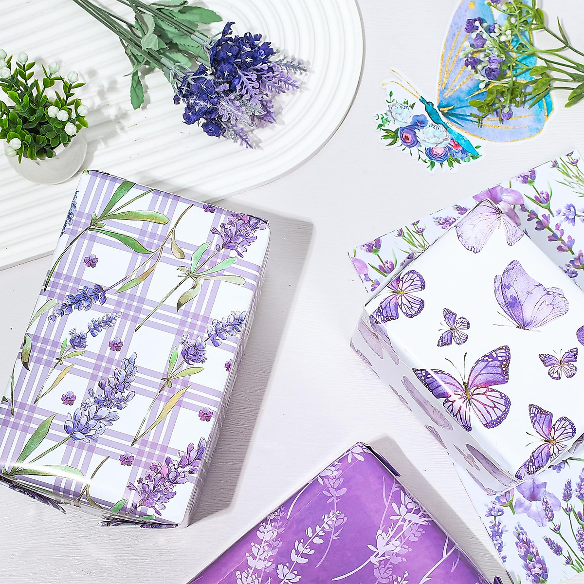 AnyDesign 12 Sheet Floral Wrapping Paper Purple Lavender Butterfly Gift Wrap Paper Folded Flat Floral Art Paper for Wedding Birthday Baby Shower Party Gift Packing DIY Craft, 19.7 x 27.6 Inch