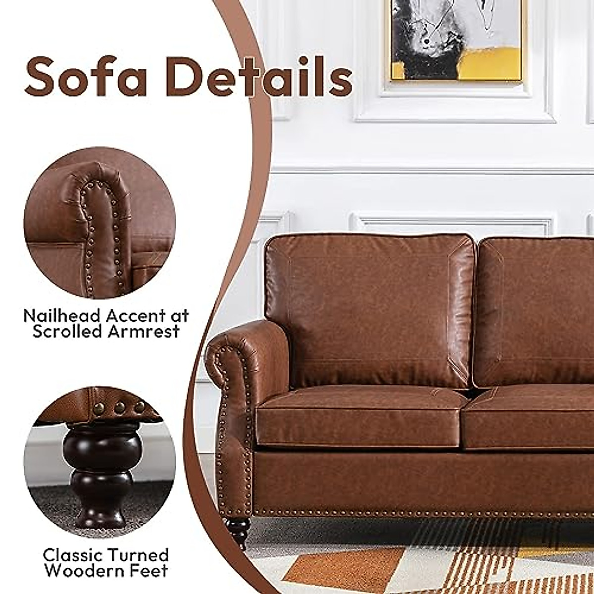 Dreamsir 79'' Traditional Faux Leather Sofa Couch with Nailhead Trim, Classic 3-Seater Couch with Rolled Arm for Living Room, Bedroom, Apartment, Easy Assembly (Coffee)