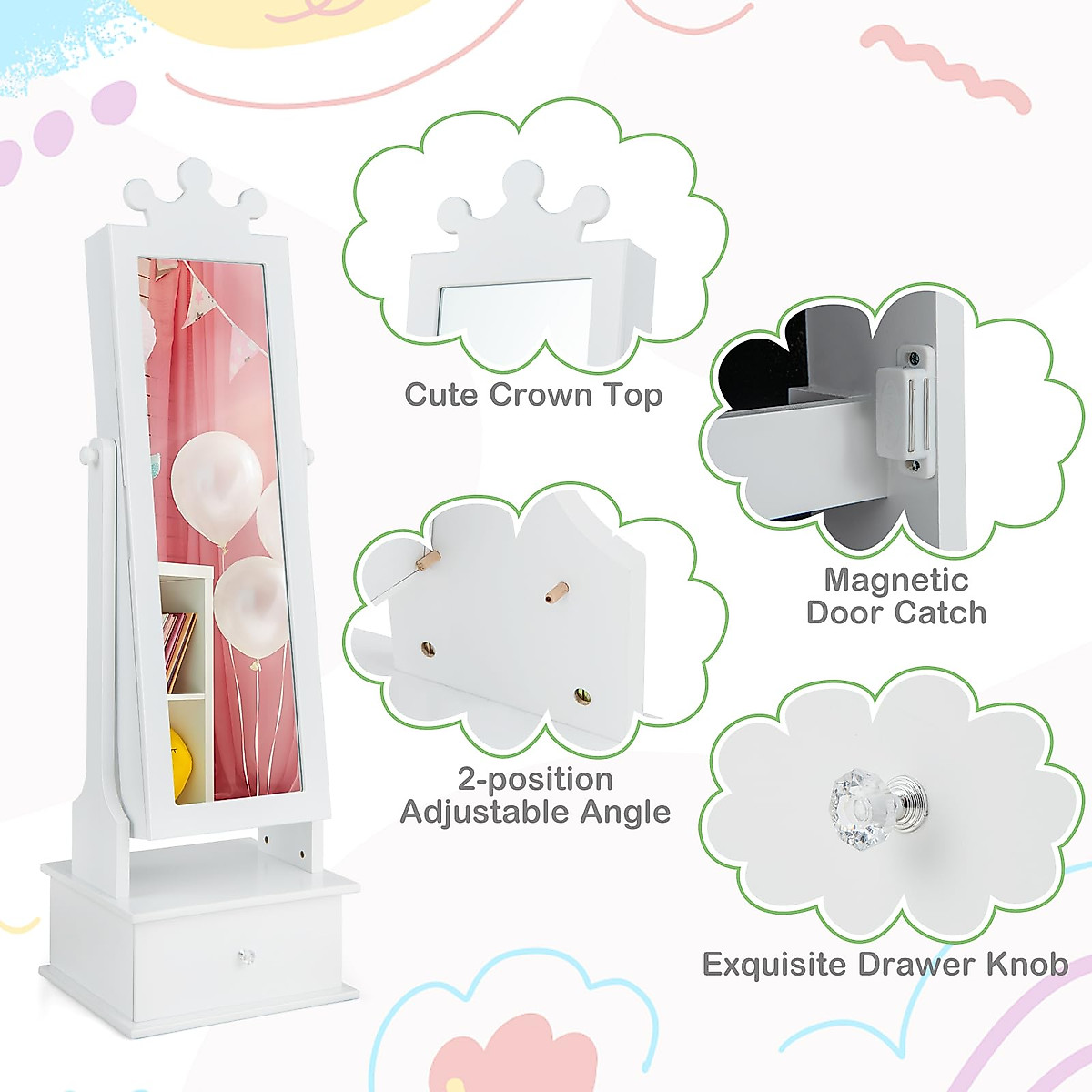 GOFLAME Kids Jewelry Armoire, Children’s Jewelry Cabinet with Full Length Mirror & Storage Drawers, Freestanding Jewelry Organizer for Girls, Birthday/Christmas Gift (White)