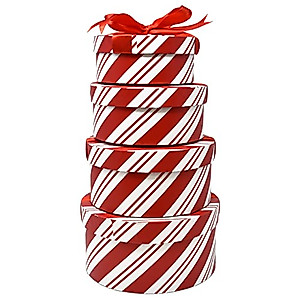 Christmas Round Nesting Gift Boxes 4 Pack Red and White Candy Cane Design Christmas Stacked Cookie Box with Lids in 4 Assorted Sizes for Gift Giving Holiday Treats Decorative Gifts Present Wrapping