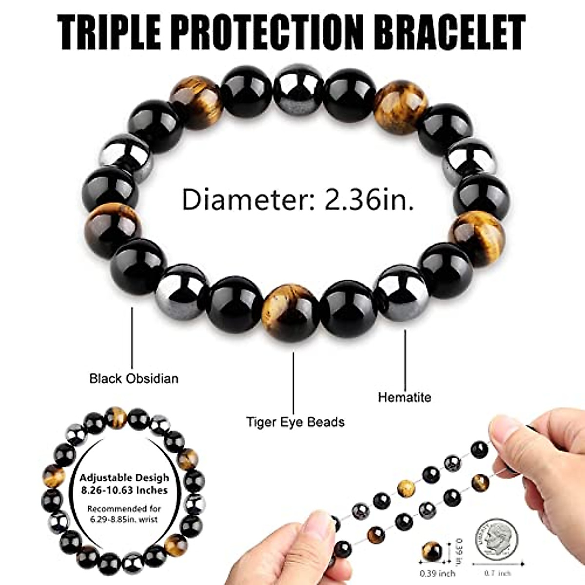 HOZEAL Triple Protection Bracelet, Black Obsidian Tiger Eye Stone Hematite Wealth Bracelets for Men Women for Bring Luck and Prosperity, Beaded Buddha Crystals Rope Stretch Bracelet (10mm-7inch)