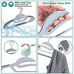 TIMMY Plastic Hangers, 50 Pack Ultra Thin Non Slip Clothes Hanger Space Saving Coat Hangers, 360°Rotating Rose Gold Hook Hanger Heavy Duty Pant Hangers (Grey)