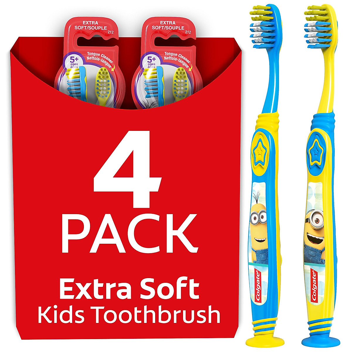Colgate Kids Toothbrush, Minions, With Extra Soft Bristles and Built In Suction Cup Holder, 4 Pack