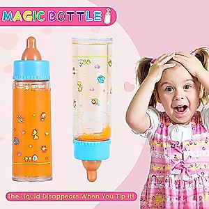 Kaydora Magic Disappearing Milk and Juice Bottles with Pacifiers for Baby Doll Accessories,6 Pieces Pretend Play Feeding Toy Set, 4 Bottles and 2 Pacifiers