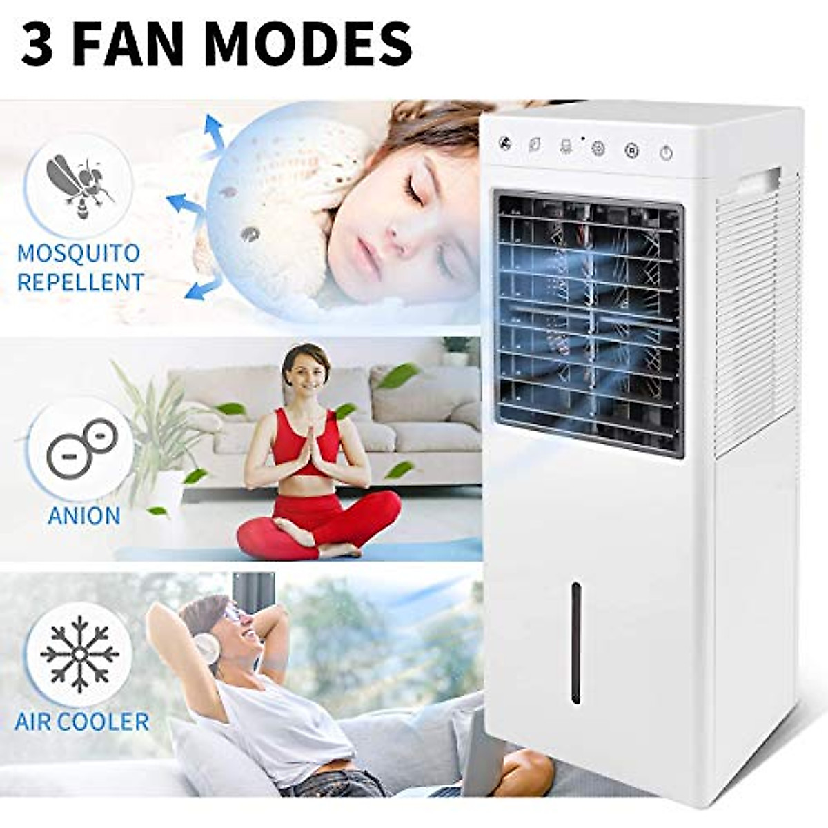 HealSmart 30'' Evaporative Air Cooler Fan with Humidification, Repellent and Anion Function, 2 Gallon Water Tank, 3 Speeds Setting, Remote Control, White