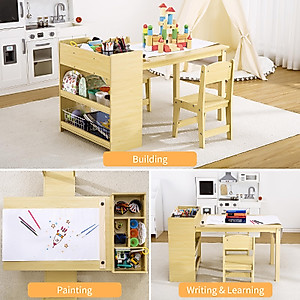 GarveeHome Kids Art Table with 2 Chairs, Toddler Craft Play Wood Activity Desk with Large Storage Shelves for Writing Drawing,Nursery, Children's Wooden Furniture for Classroom Daycares,Home